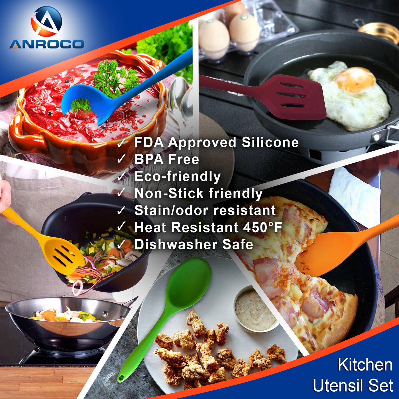 Heat Resistant Cooking Utensil Set from Non-stick Silicone | ANROCO